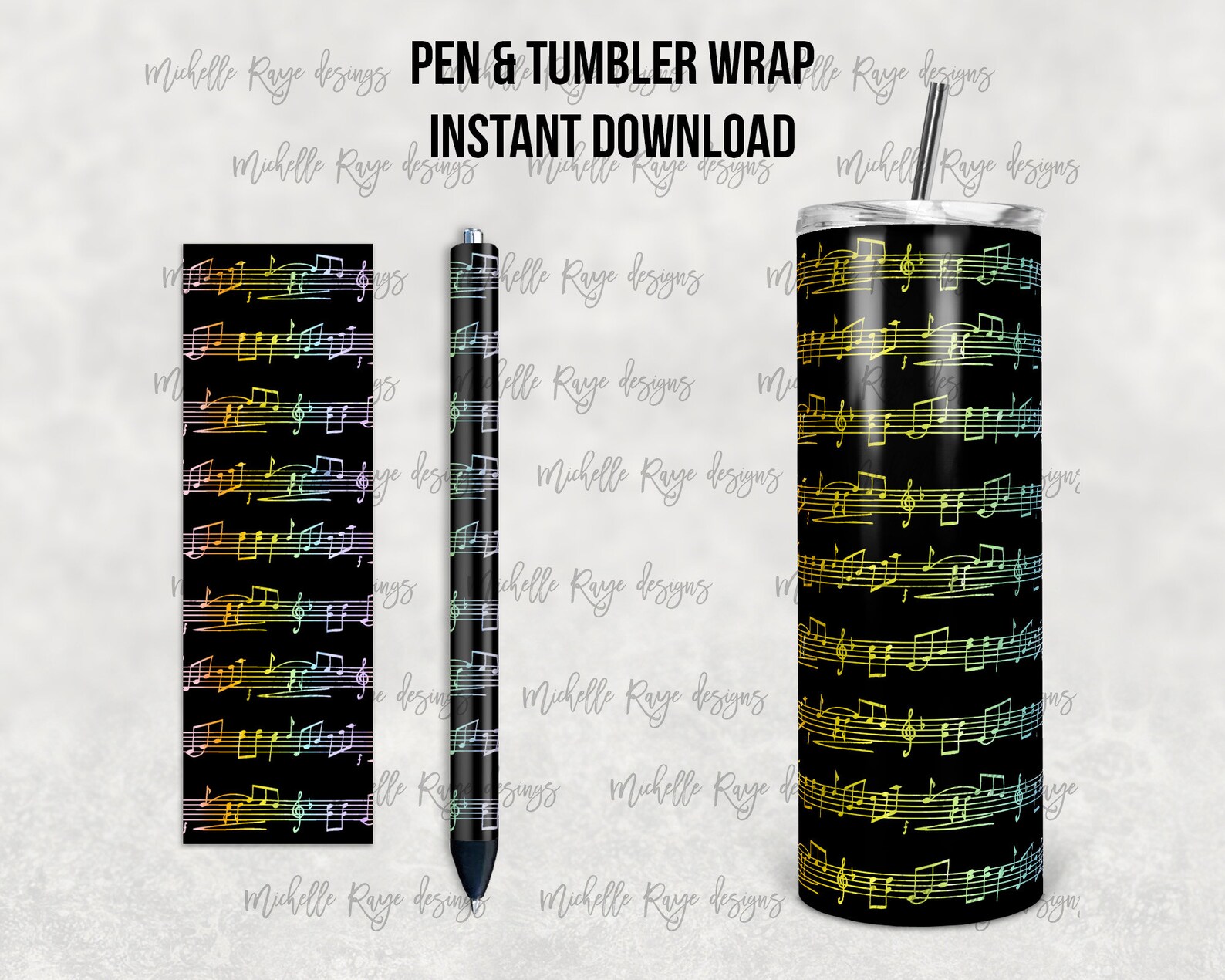 Black and Pastel Rainbow Music Notes, Sheet Music, Pen Wrap, Tumbler ...
