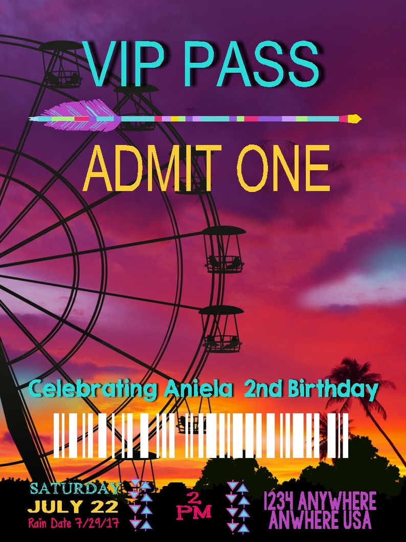 Bright Sunset VIP Pass Birthday Party Invitation Tribal - Etsy