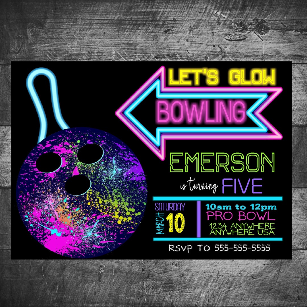 Neon Black Light Glowing Bowling Birthday Invitation | Bowling Party ...