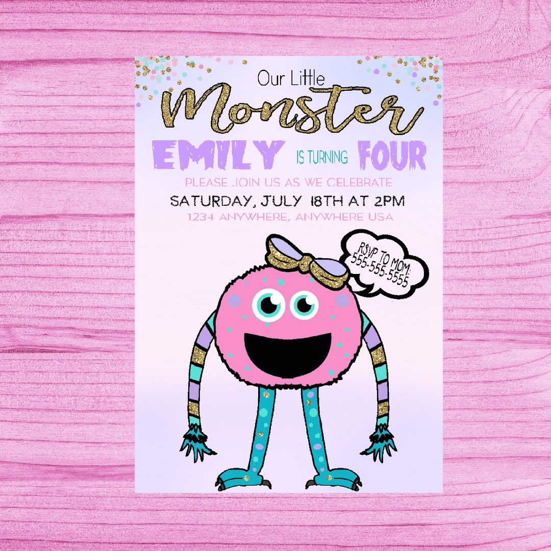 Girls Monster Party Invitation, Birthday Invitation, Glitter Monster ...