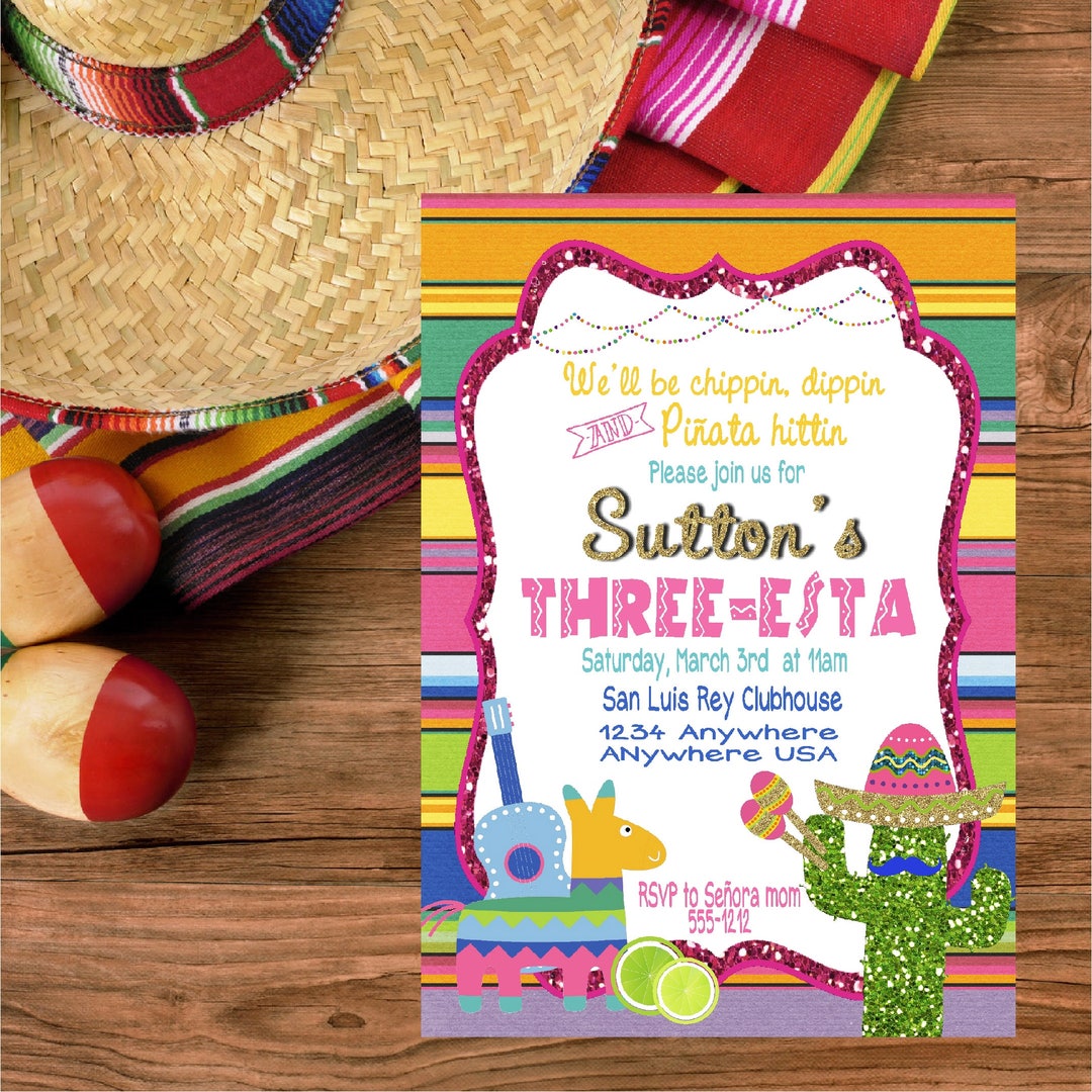 Three-esta Birthday Invitation | Birthday Party Invite | Fiesta Party ...