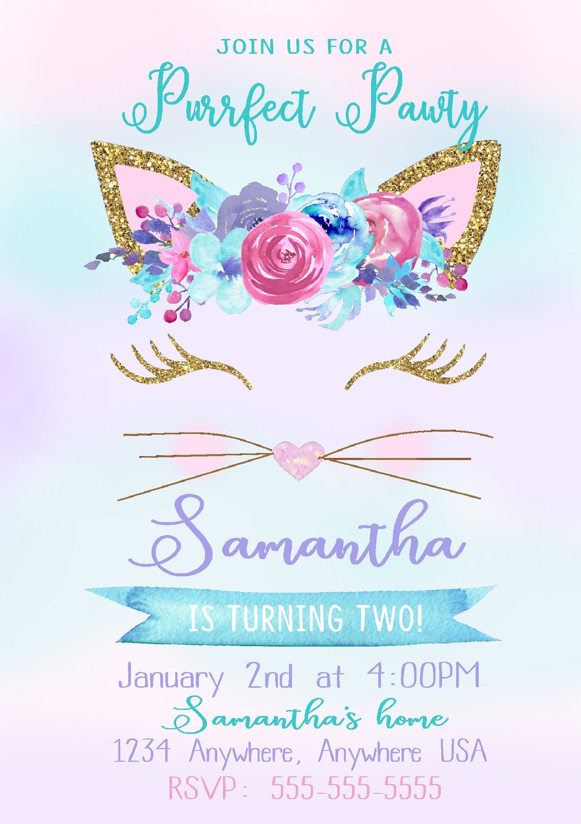 Kitten Birthday Party Invitation Kitten Birthday Invite - Etsy