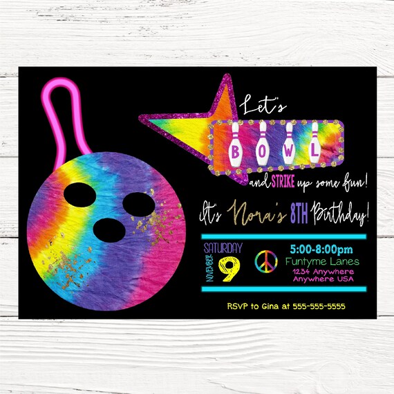70's Bowling Birthday Party Invitation | Tie Dye Bowling Invite ...