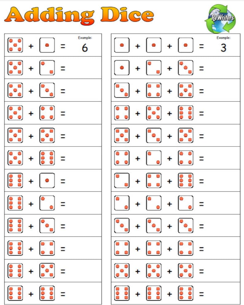 Adding Dice & Practice Writing Numbers, Printable Practice Pages for ...