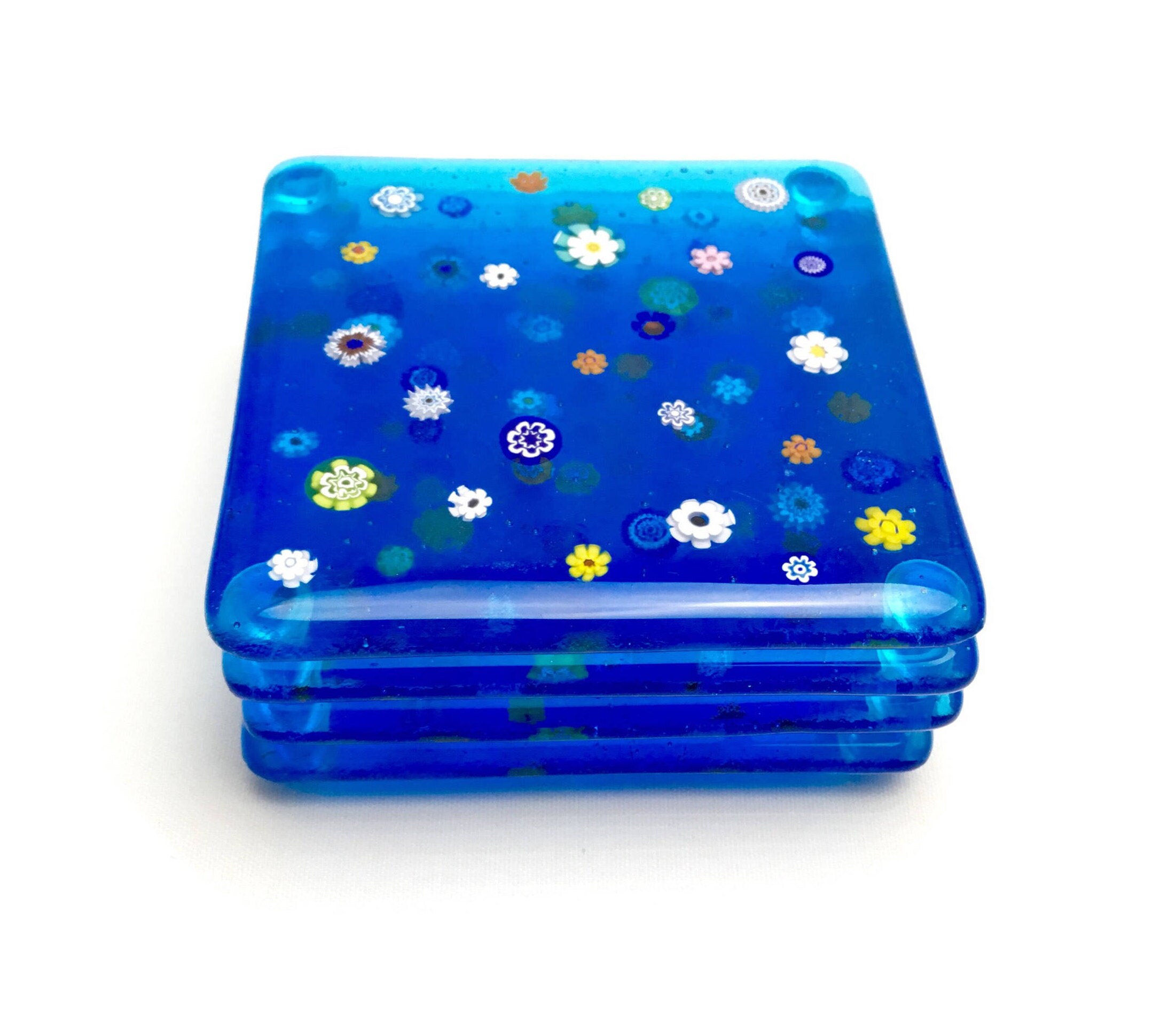Blue Millefiori Coaster - Set of 4 Coasters. Handmade Glassware Gift ...