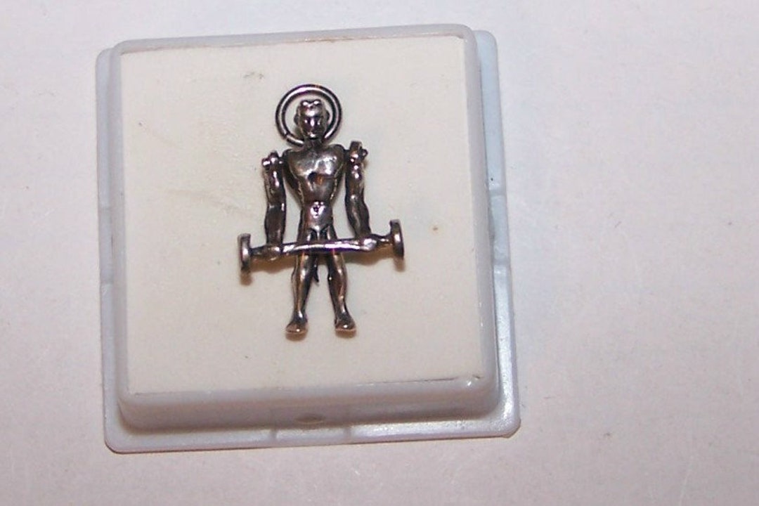 WEIGHT LIFTING MAN Charm-- 3 D Vintage Sterling Charm-- Weights Move up ...