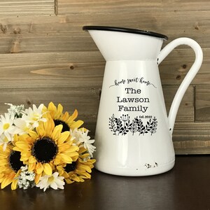Personalized Farmhouse Pitcher, White Home Sweet Home Enamel Jug ...