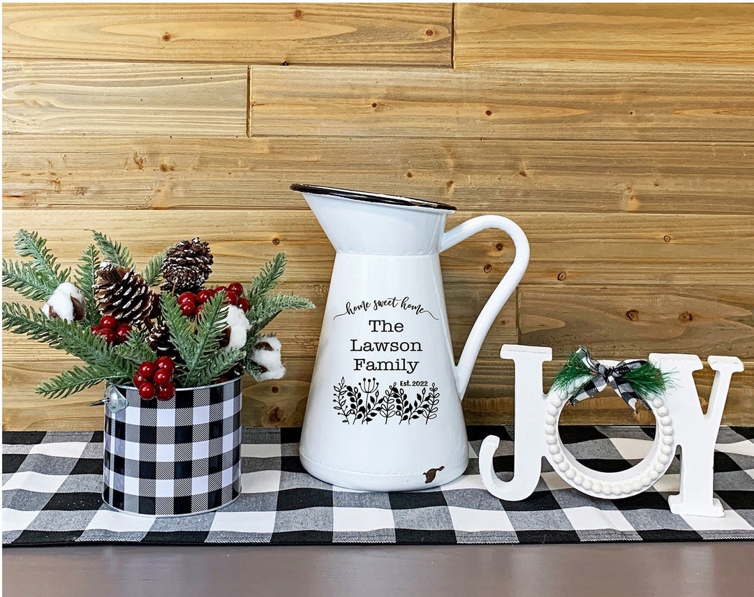 Personalized Farmhouse Pitcher, White Home Sweet Home Enamel Jug ...
