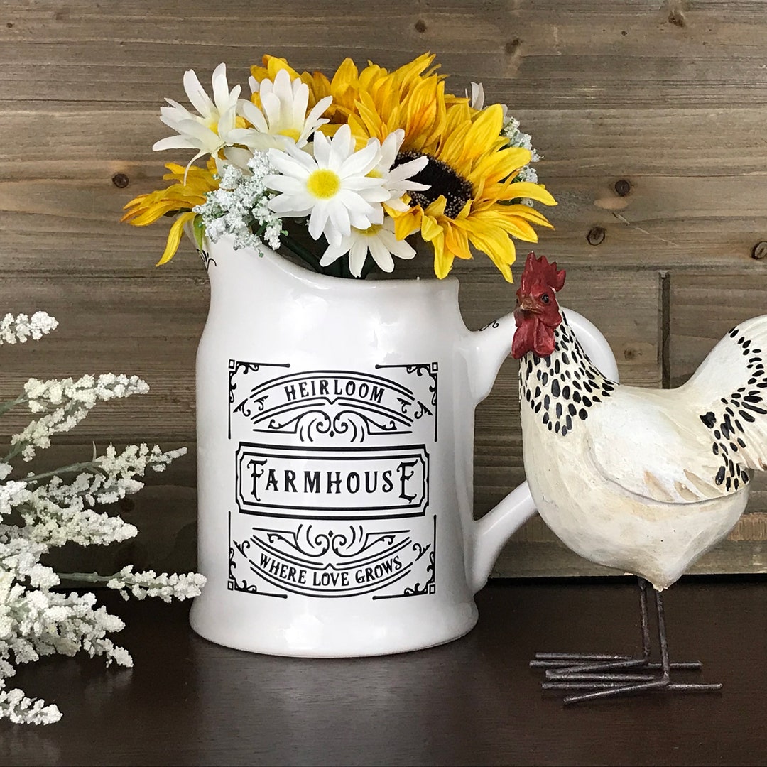 White Farmhouse Ceramic Pitcher, Porcelain Kitchen Utensil Holder ...