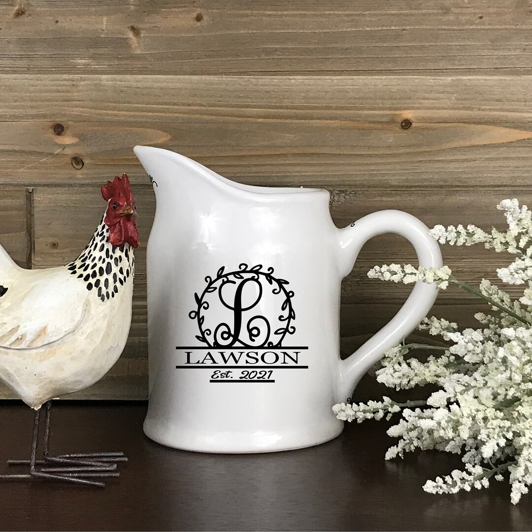 Personalized White Farmhouse Ceramic Pitcher, Last Name Utensil Holder ...