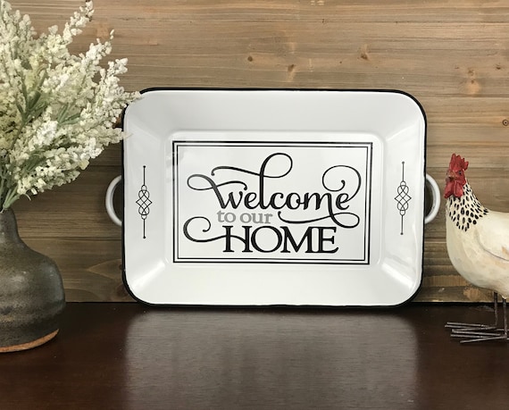 Farmhouse Decor White Metal Decorative Serving Tray With Handles Etsy