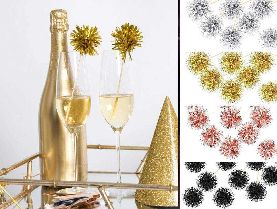 12 Sparkle Gold / Silver Tinsel Champagne / Drink Stirrers | Cake ...