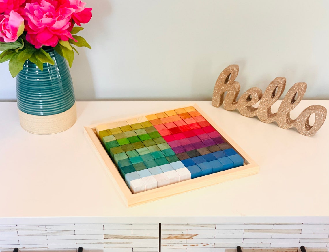 Wooden Rainbow Mosaic Cubes With Tray 100 Pc Natural - Etsy