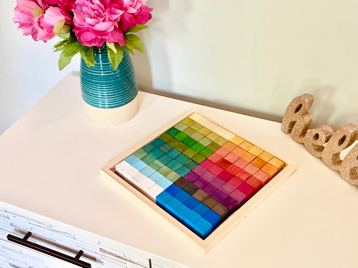 Wooden Rainbow Mosaic Cubes With Tray 100 Pc Natural - Etsy