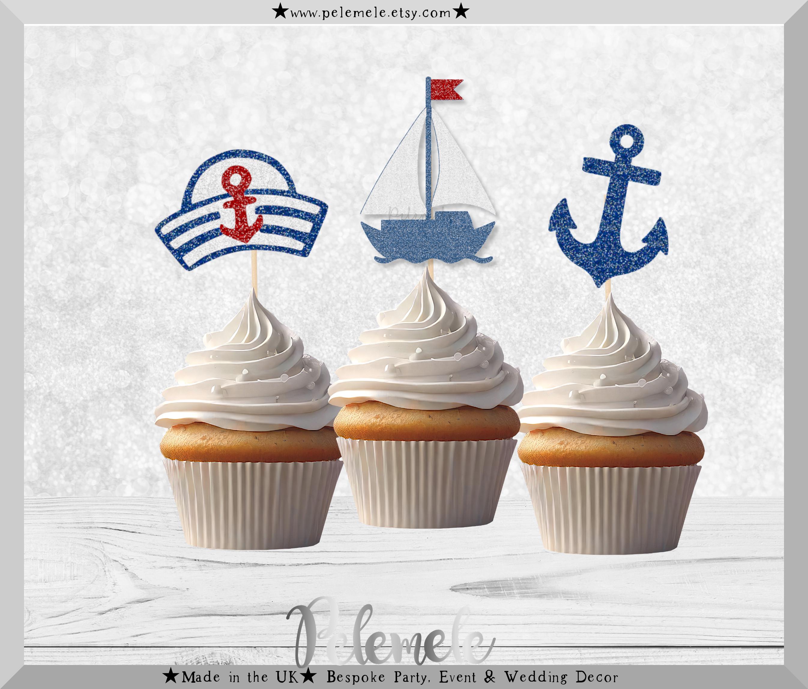 Glitter Sailor Cupcake Toppers - Nautical Party Decorations, Nautical ...