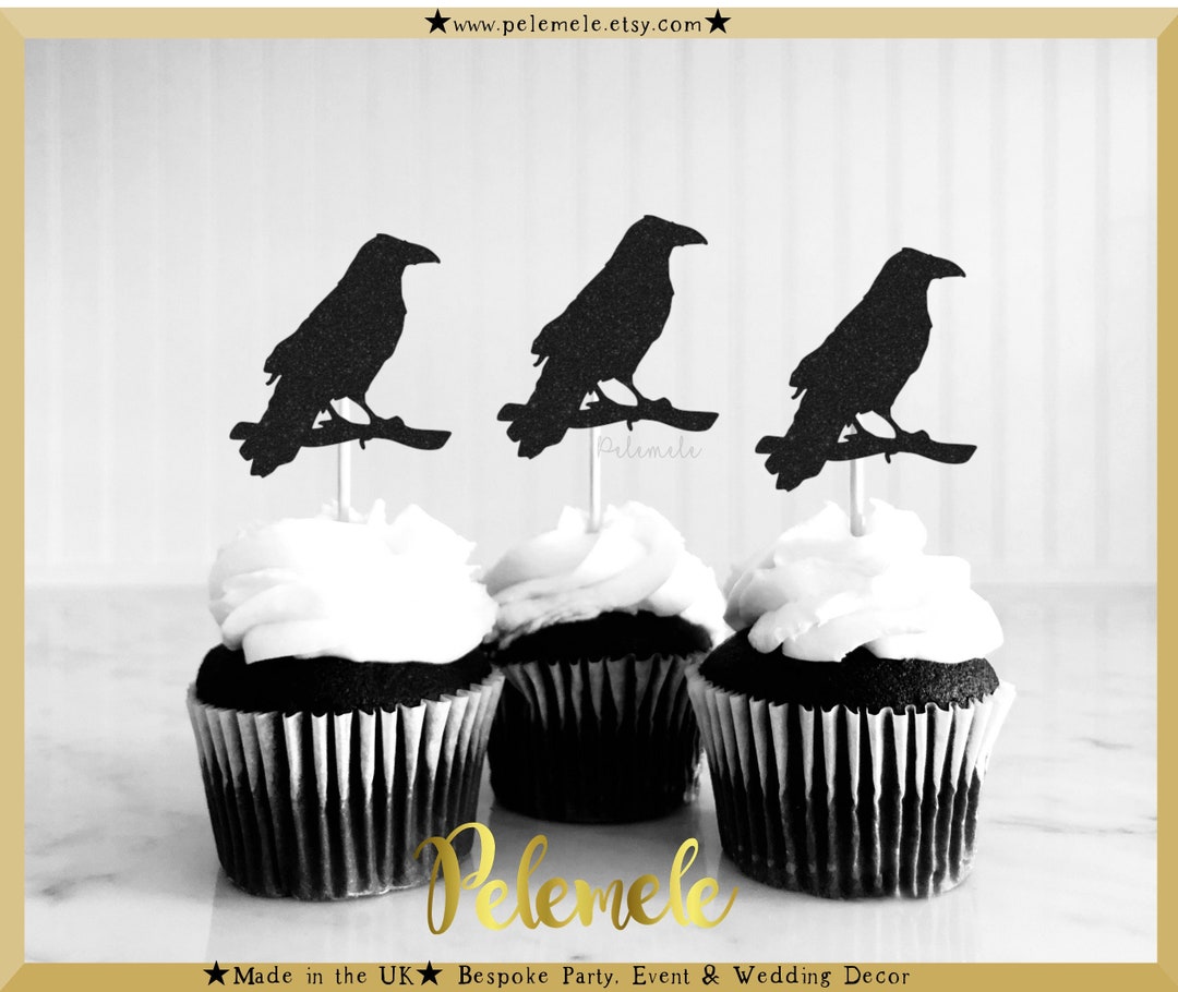 Glitter Raven Cupcake Toppers - Crow Cupcake Toppers, Gothic Wedding ...