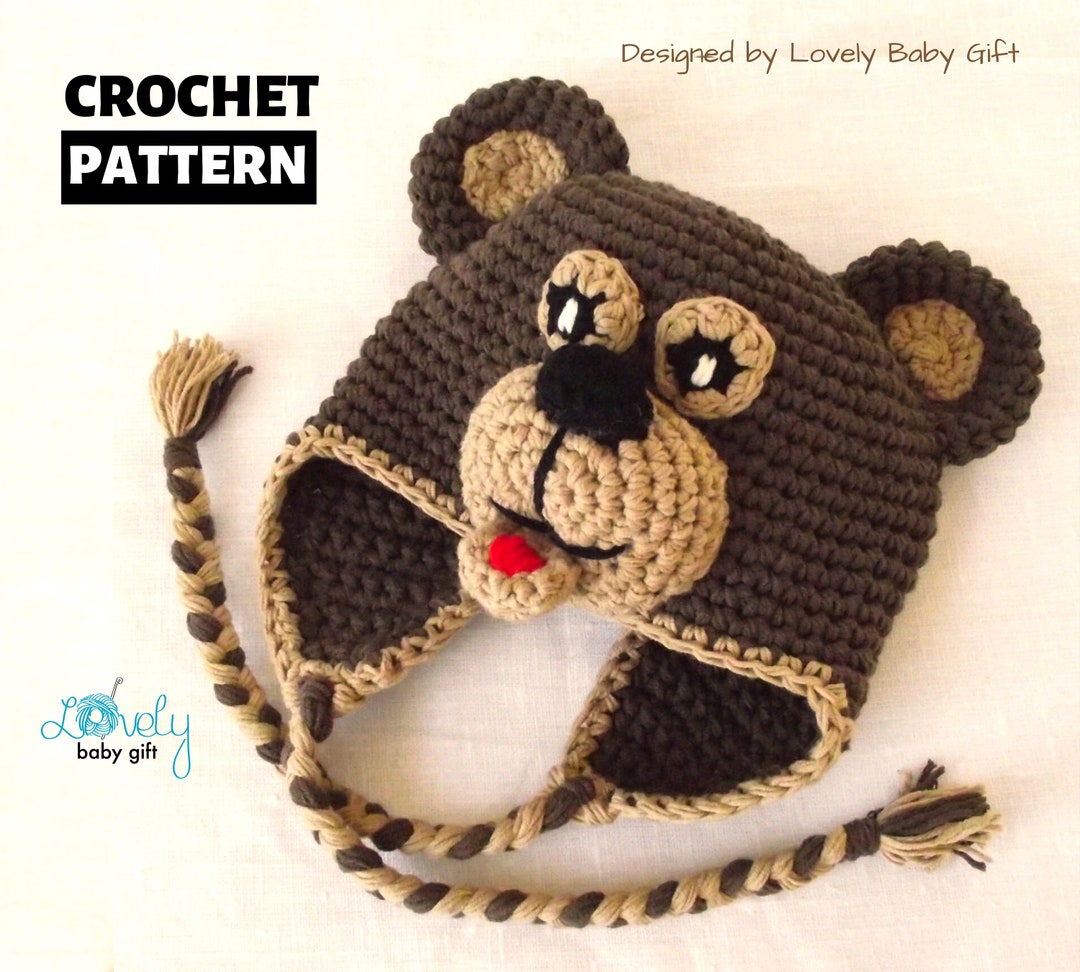 PDF Bear Earflap Beanie Hat Crochet Pattern, Crochet Bear Hat Pattern ...