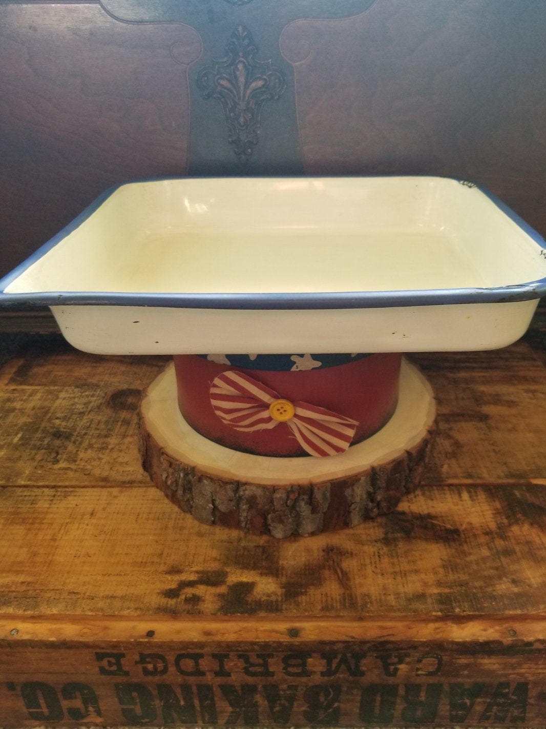 Vintage Enamelware Drip Pan Shallow roaster White blue trim | Etsy