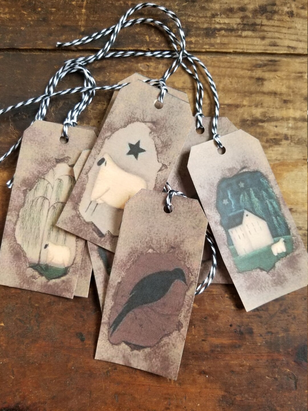 Primitive Hang Tag Saltbox Starry Night Sheep Willow Trees Gift Tag Set ...