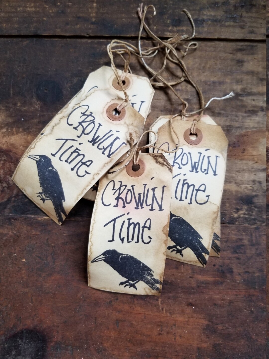 Primitive Crowin Time Hang Tag Set, Grungy Rustic Gift Tags - Etsy