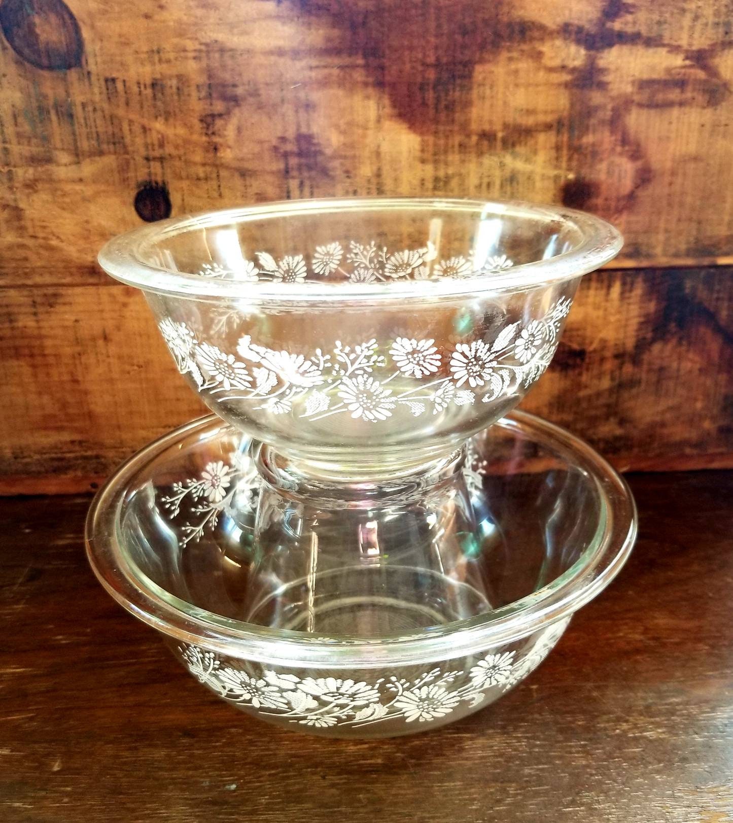 Vintage Pyrex Nesting Bowl Pair Broiler Mixing Bowls Clear Glass White