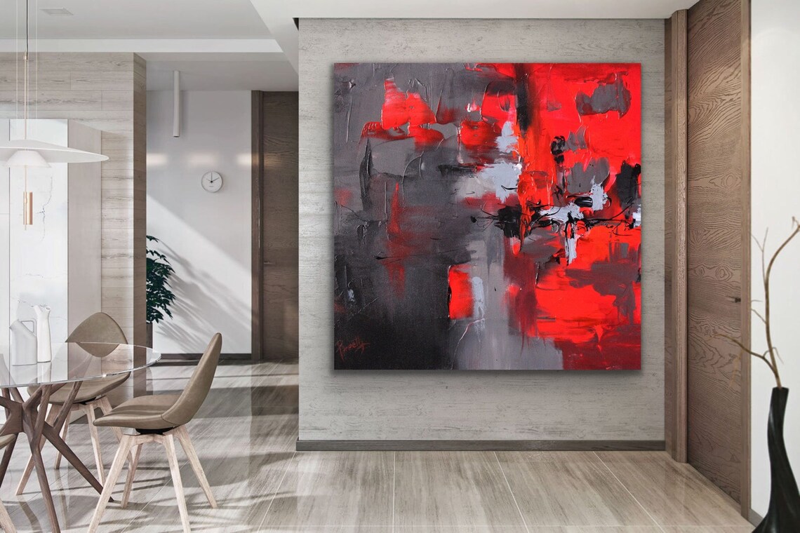 ORIGINAL Red Abstract Painting Gray Modern Art Red and Gray | Etsy