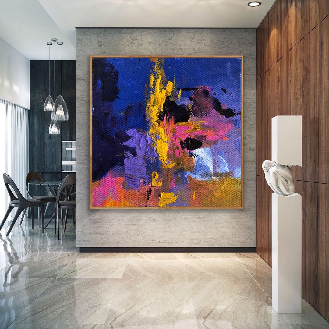 Original Large Deep Blue Acrylic Canvas Yellow Modern Painting Wall Art ...