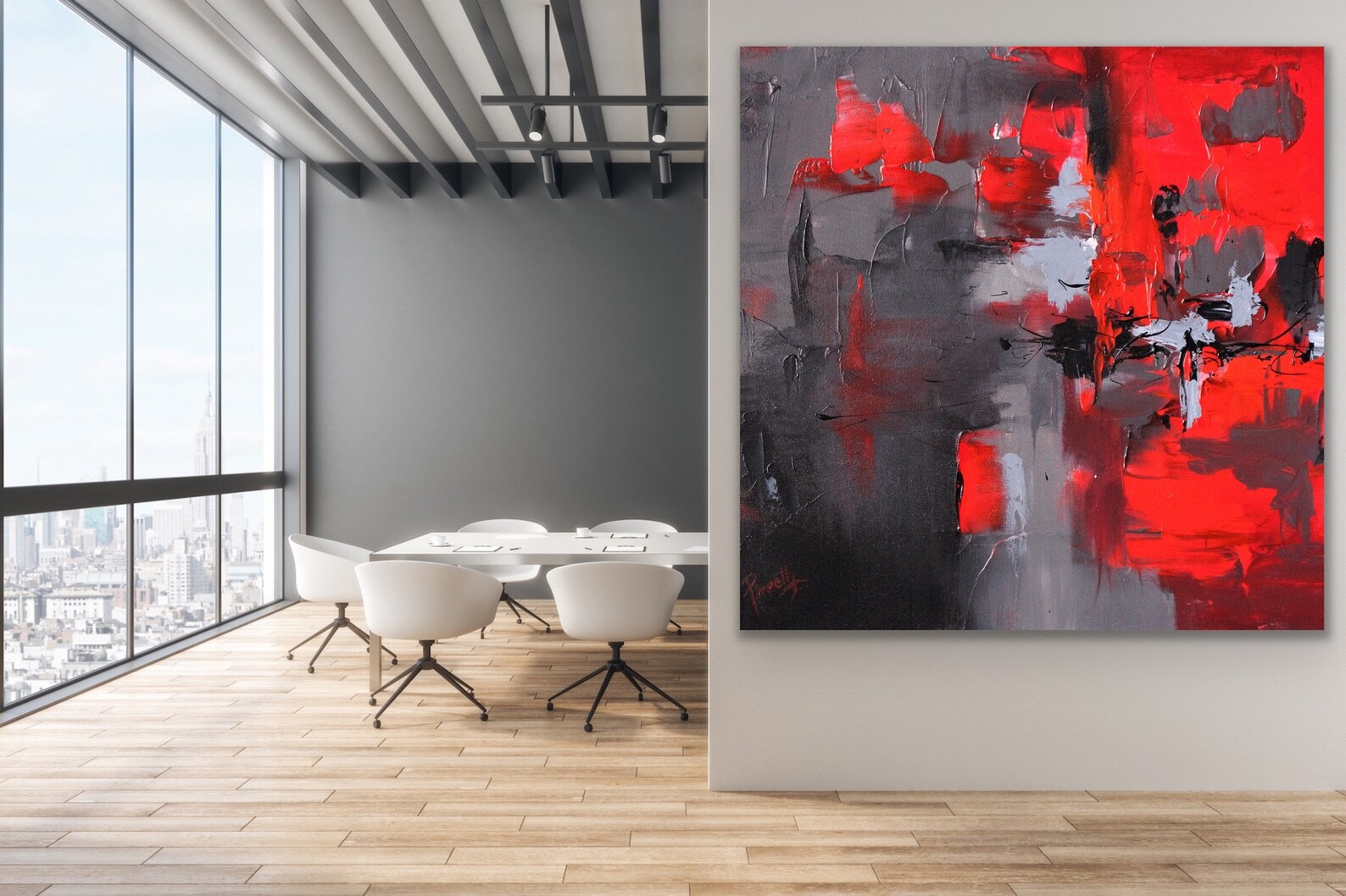 ORIGINAL Red Abstract Painting Gray Modern Art Red and Gray Square ...