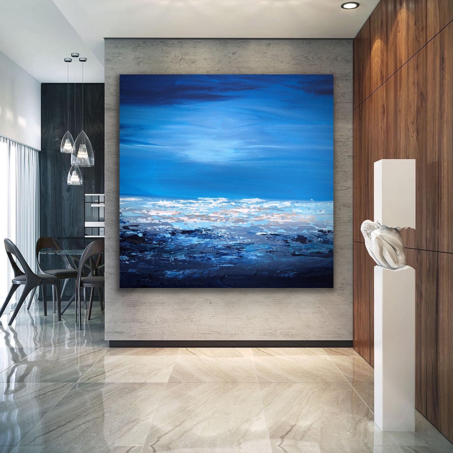 ORIGINAL Blue Abstract Painting on Canvas Light Dark Blue Modern Art ...
