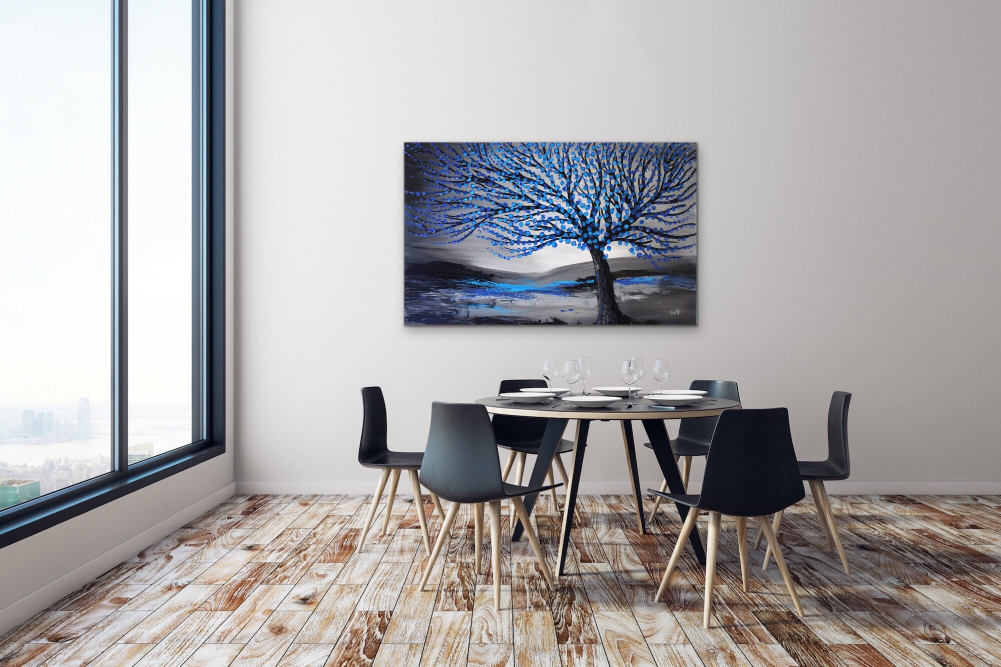ORIGINAL Blue Tree Landscape Abstract Painting 72" Modern Art Blue ...