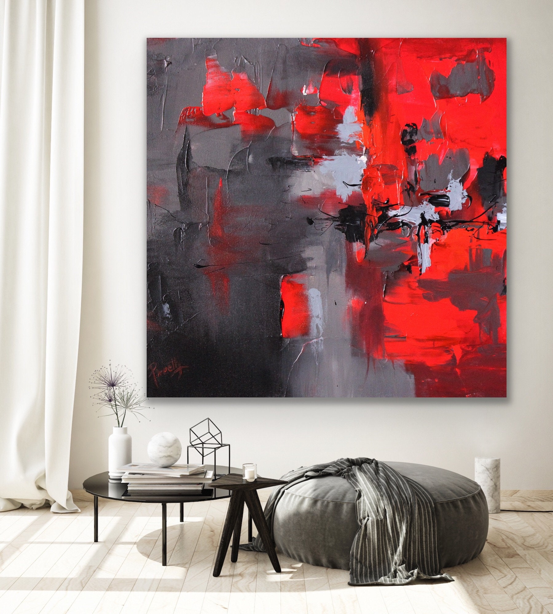 ORIGINAL Red Abstract Painting Gray Modern Art Red and Gray Square ...