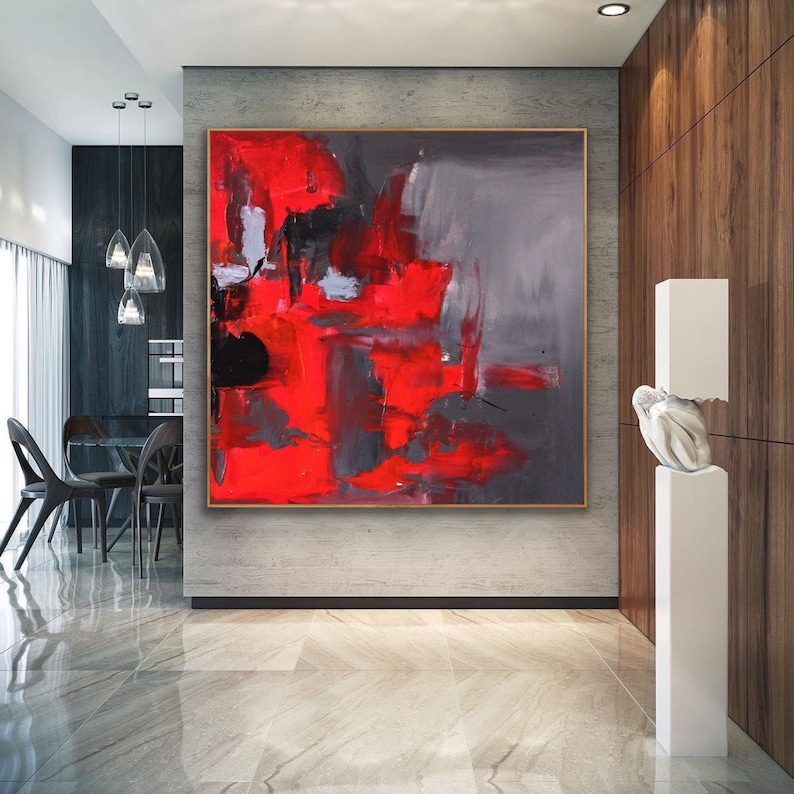 ORIGINAL Red Abstract Painting Gray Modern Art Red and Gray Square ...