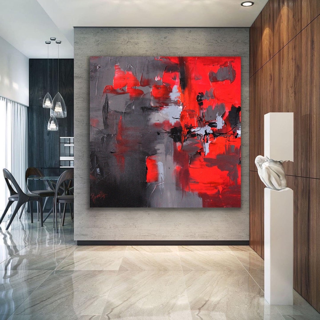 ORIGINAL Red Abstract Painting Gray Modern Art Red and Gray Square ...