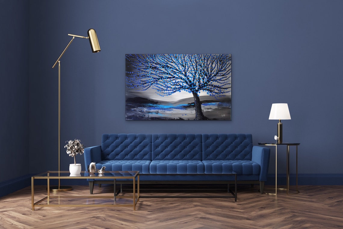 ORIGINAL Blue Tree Landscape Abstract Painting 72" Modern Art Blue ...