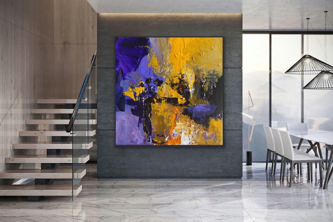 ORIGINAL Yellow Abstract Painting Purple Modern Art Blue Contemporary ...