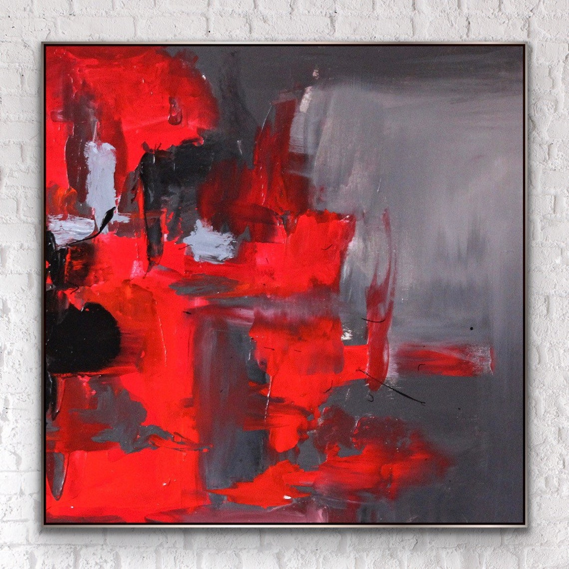 ORIGINAL Red Abstract Painting Gray Modern Art Red and Gray Square ...