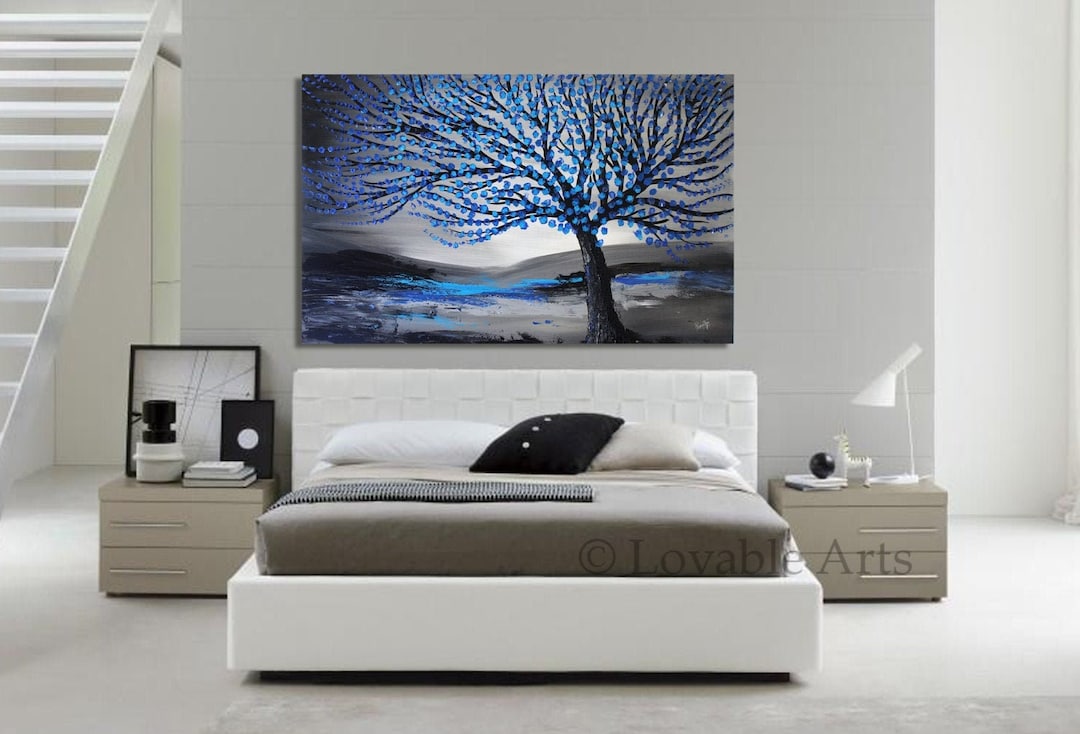 ORIGINAL Blue Tree Landscape Abstract Painting 72" Modern Art Blue ...