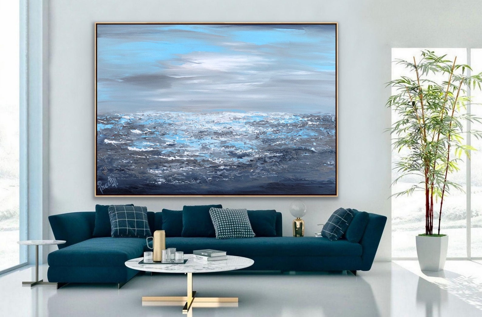 ORIGINAL Light Blue Beach Abstract Painting 96" Large Grey Modern Art ...