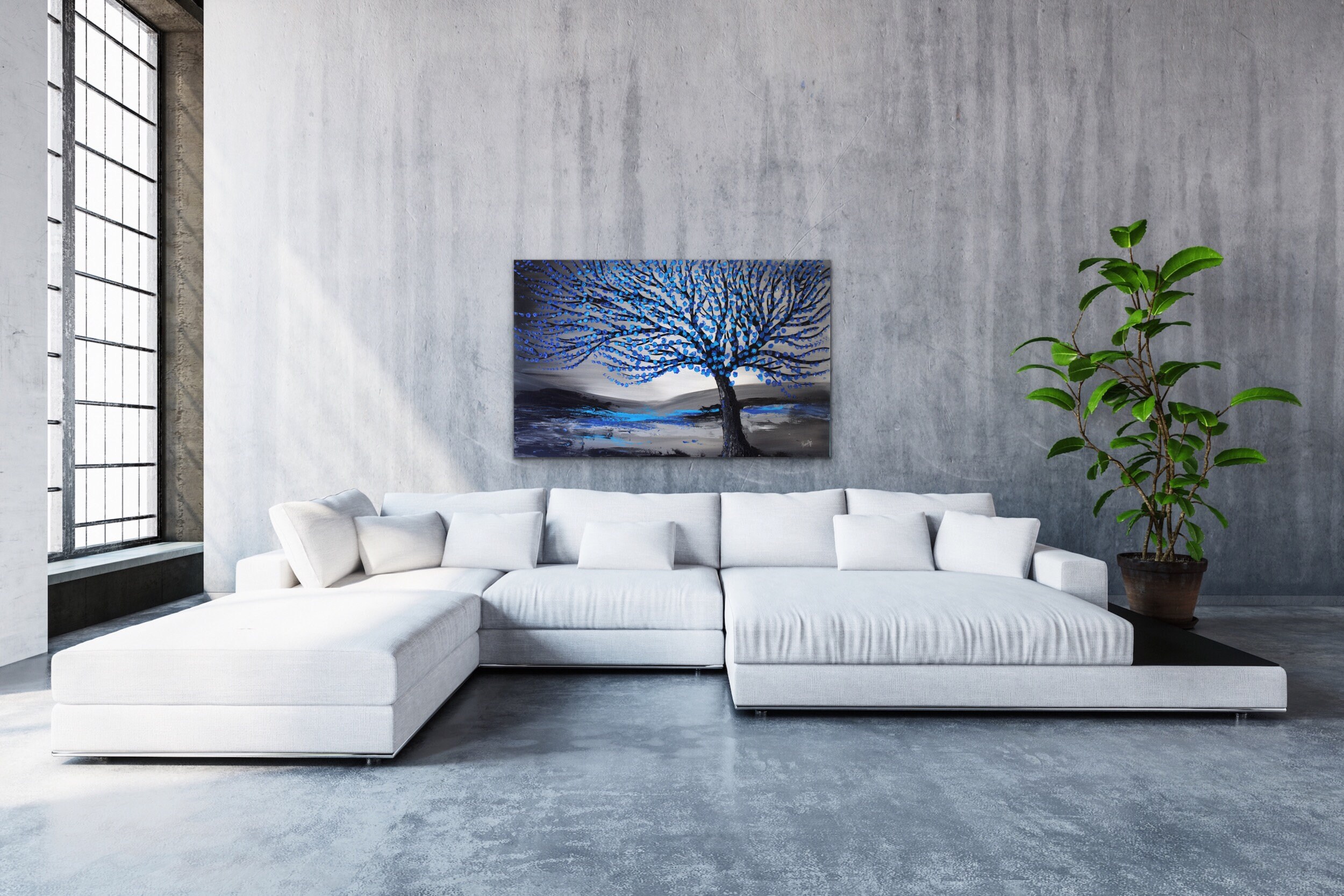 ORIGINAL Blue Tree Landscape Abstract Painting 72" Modern Art Blue ...