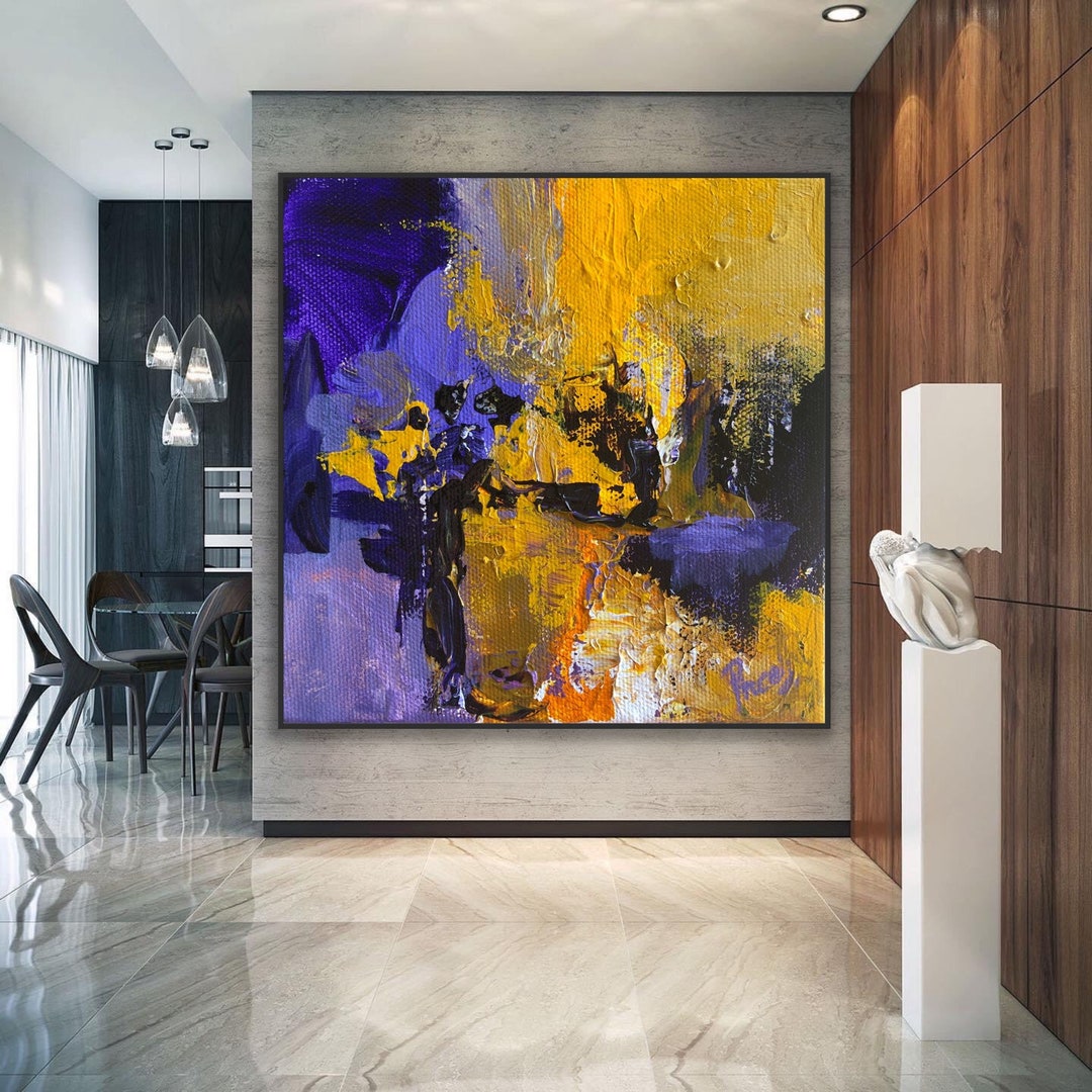 ORIGINAL Yellow Abstract Painting Purple Modern Art Blue Contemporary ...