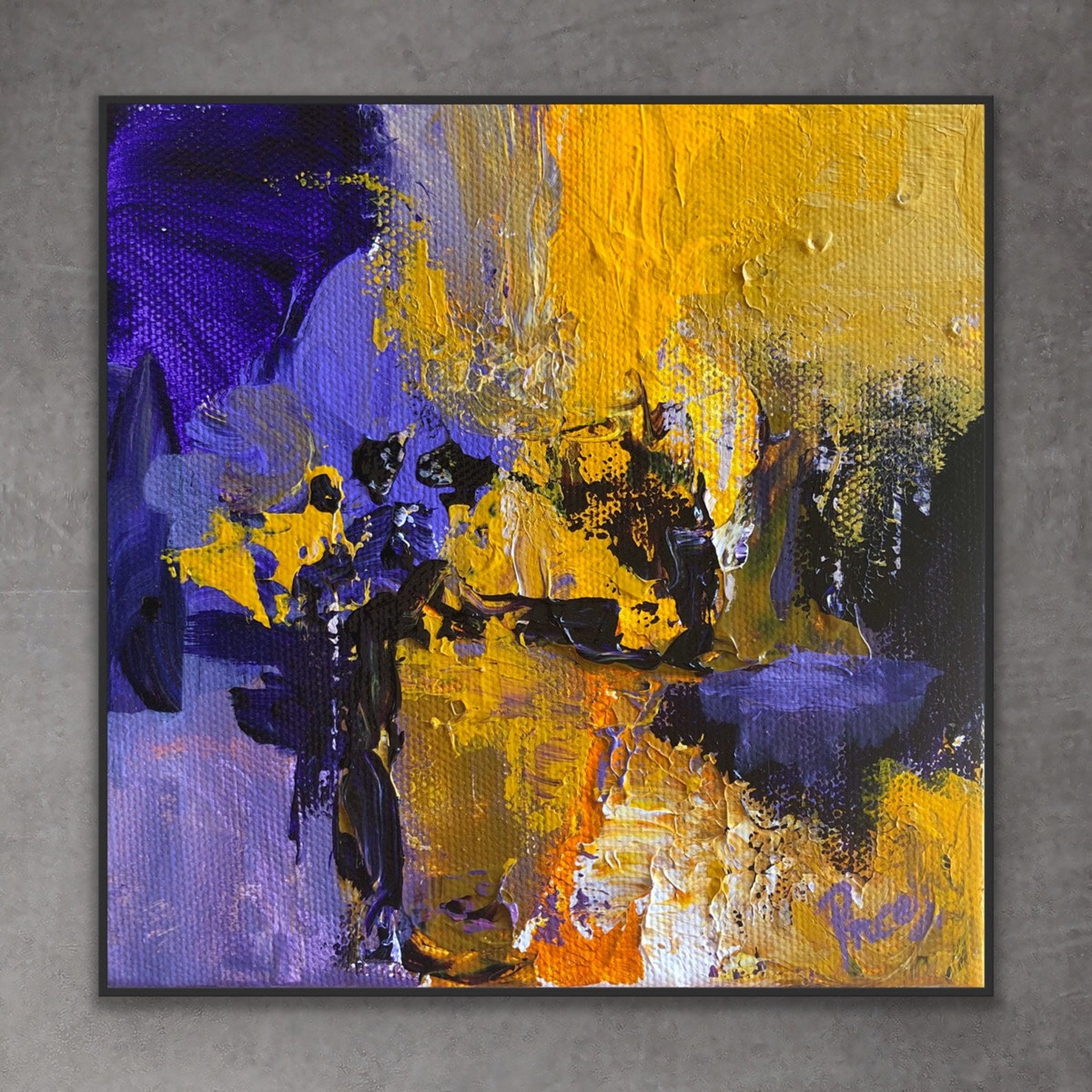 ORIGINAL Yellow Abstract Painting Purple Modern Art Blue Contemporary ...