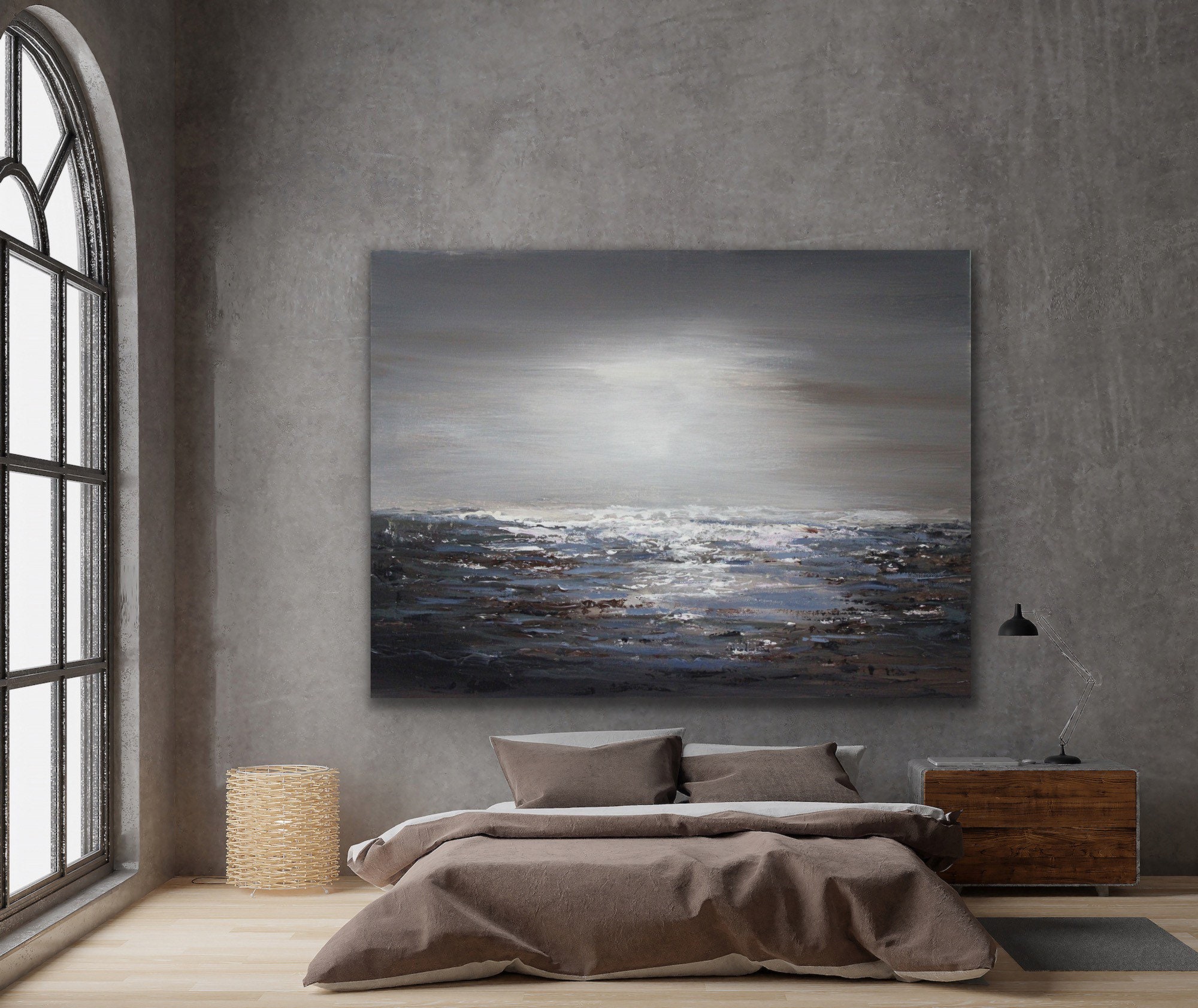 ORIGINAL Gray Coastal Painting 96 Bluish Gray Modern Art White Elegant ...