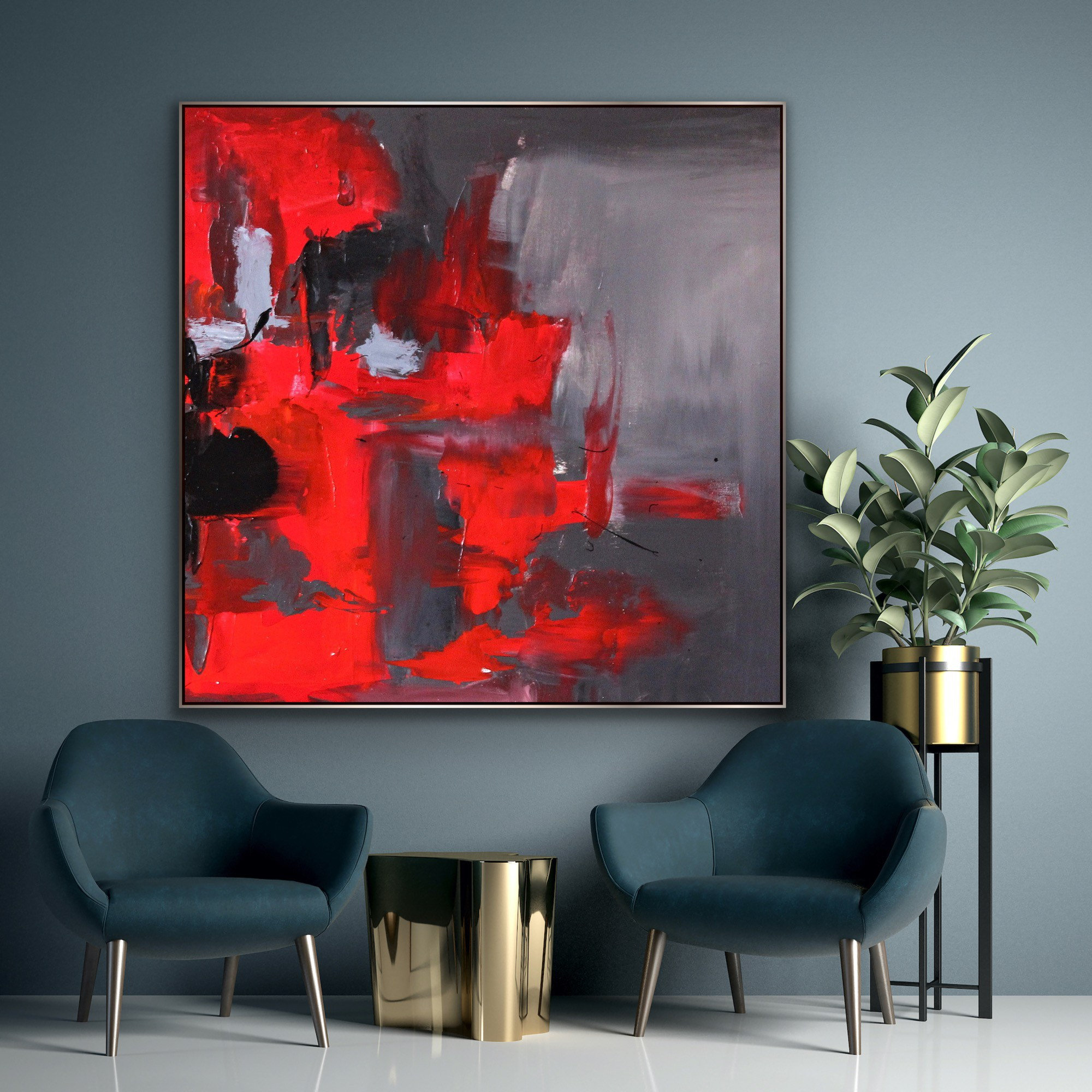 ORIGINAL Red Abstract Painting Gray Modern Art Red and Gray Square ...