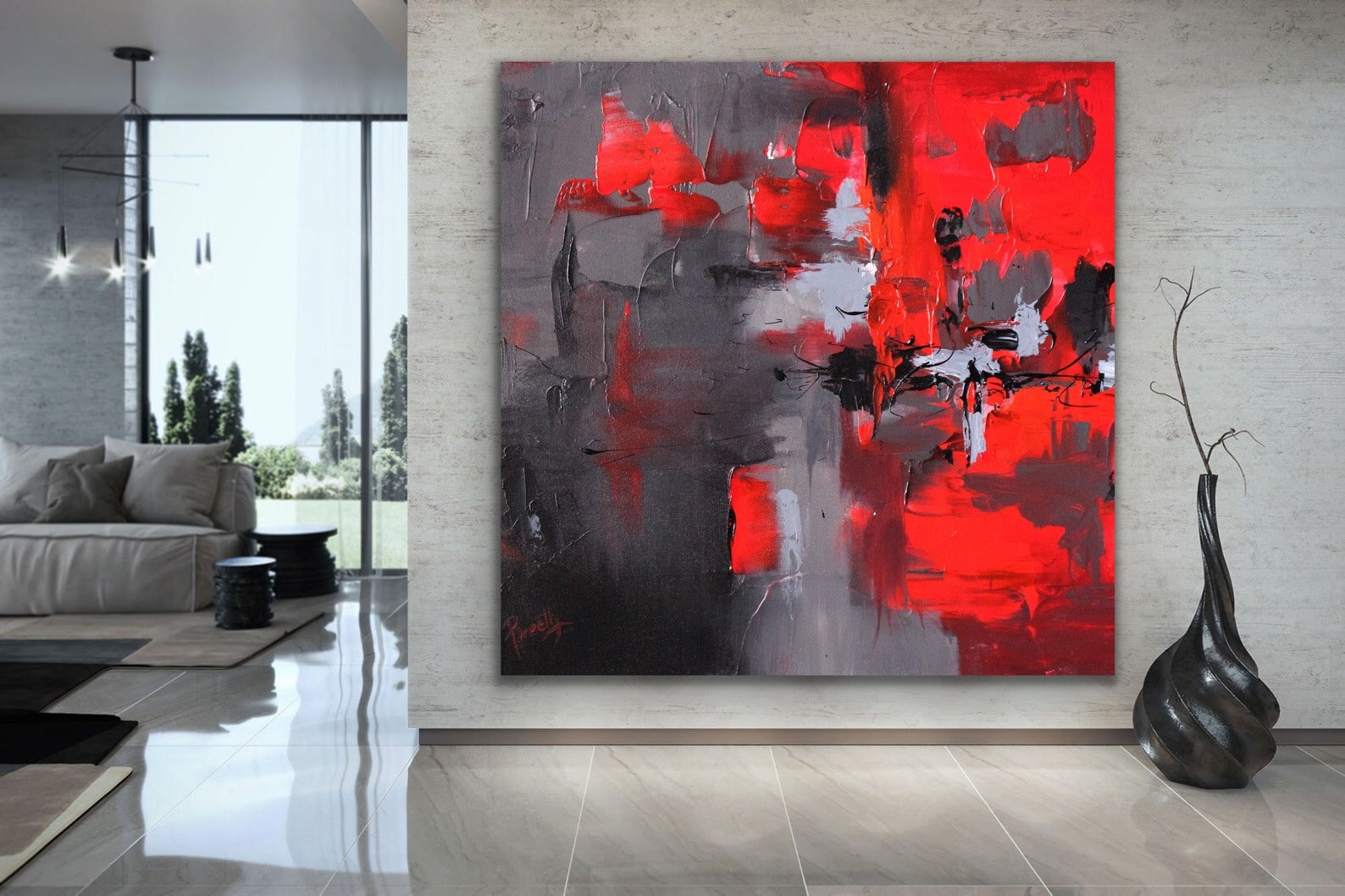 ORIGINAL Red Abstract Painting Gray Modern Art Red and Gray Square ...