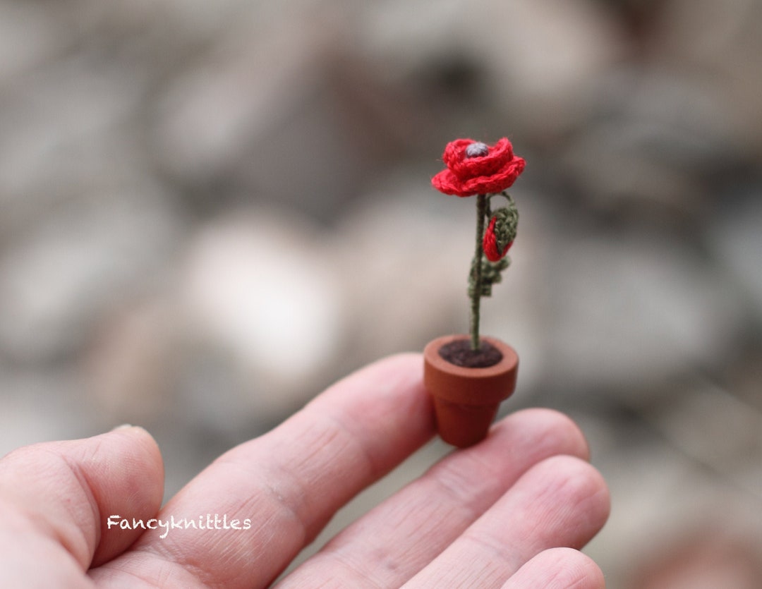 Miniature Crochet Potted Flower Poppy, Dollhouse Fake Plant Decor, Mini ...