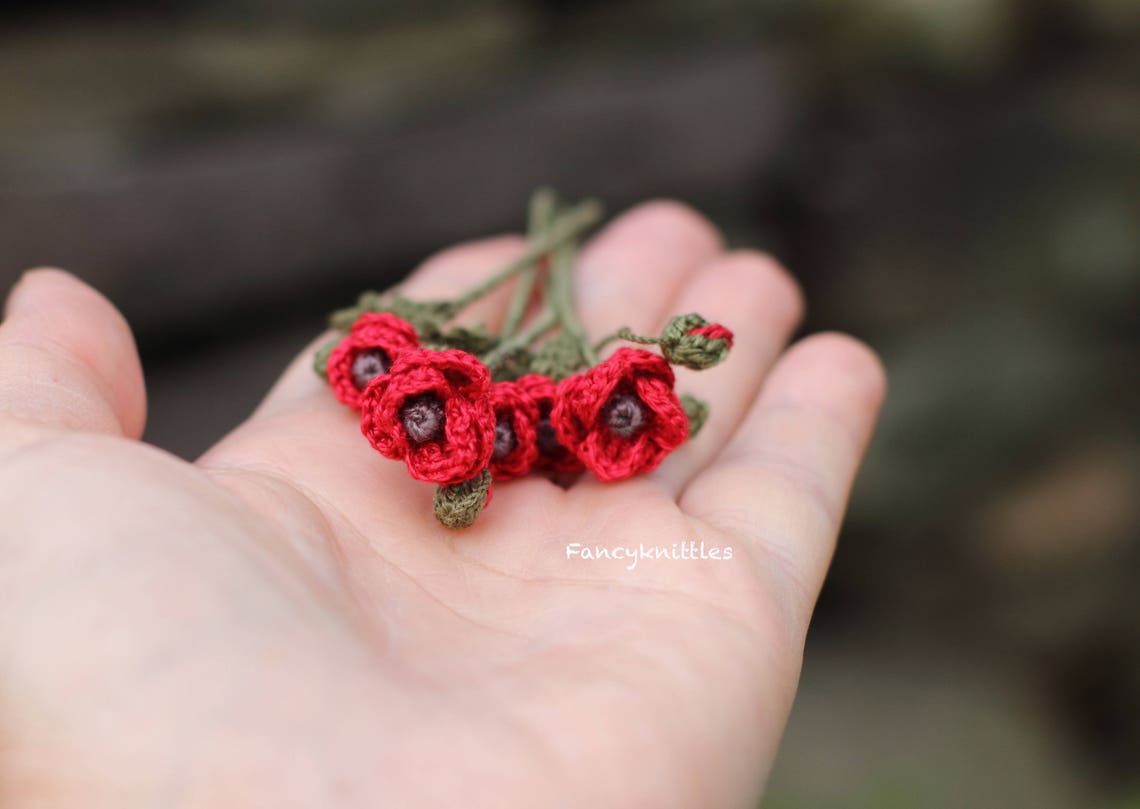 Crochet Red Poppy One Miniature Flower, 1:6 Scale Remembrance Day Tiny ...