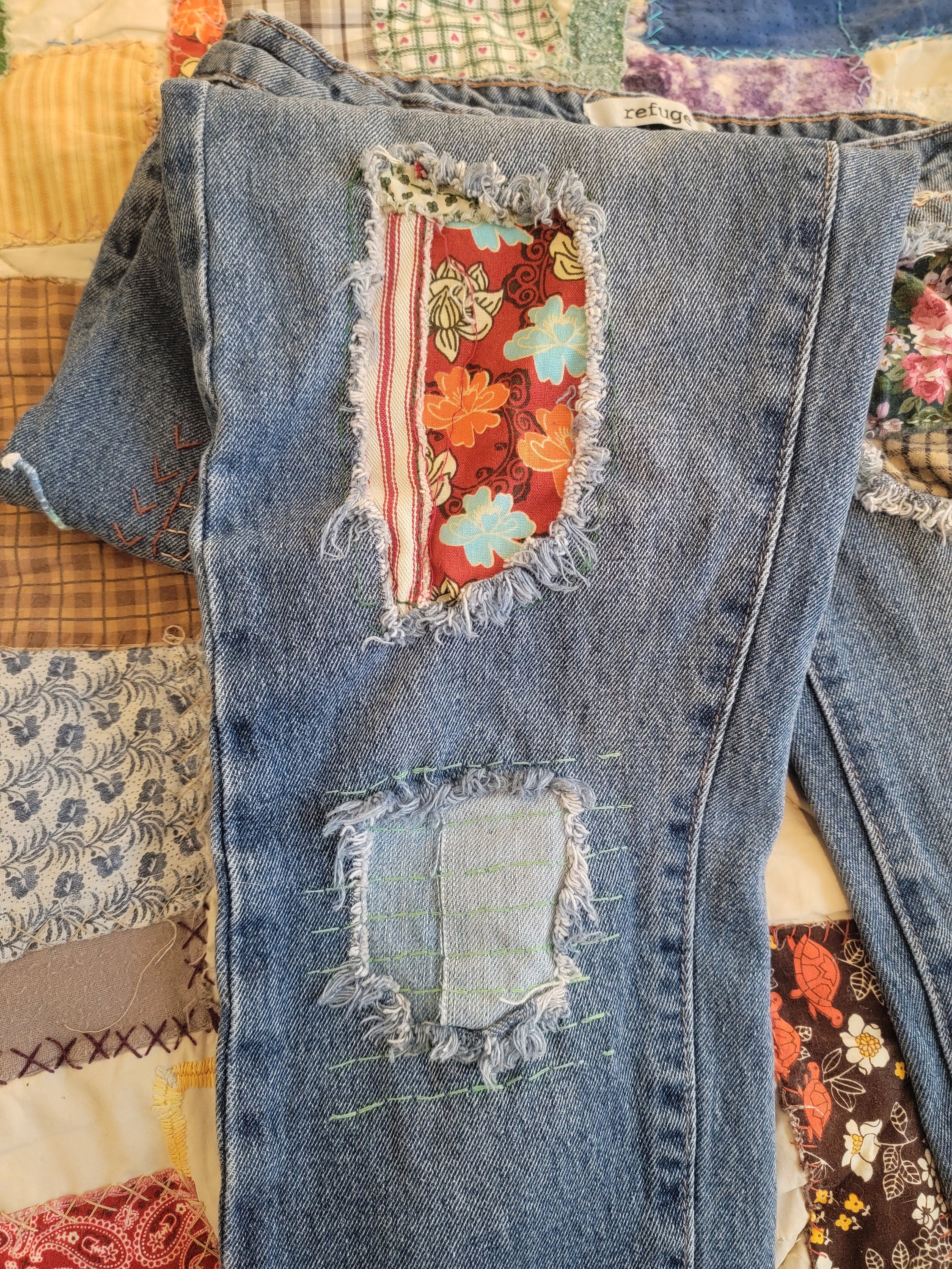 J13 Sz 6 Handsewn Altered Boro Patched Mended Jeans Embroidery Recycled ...