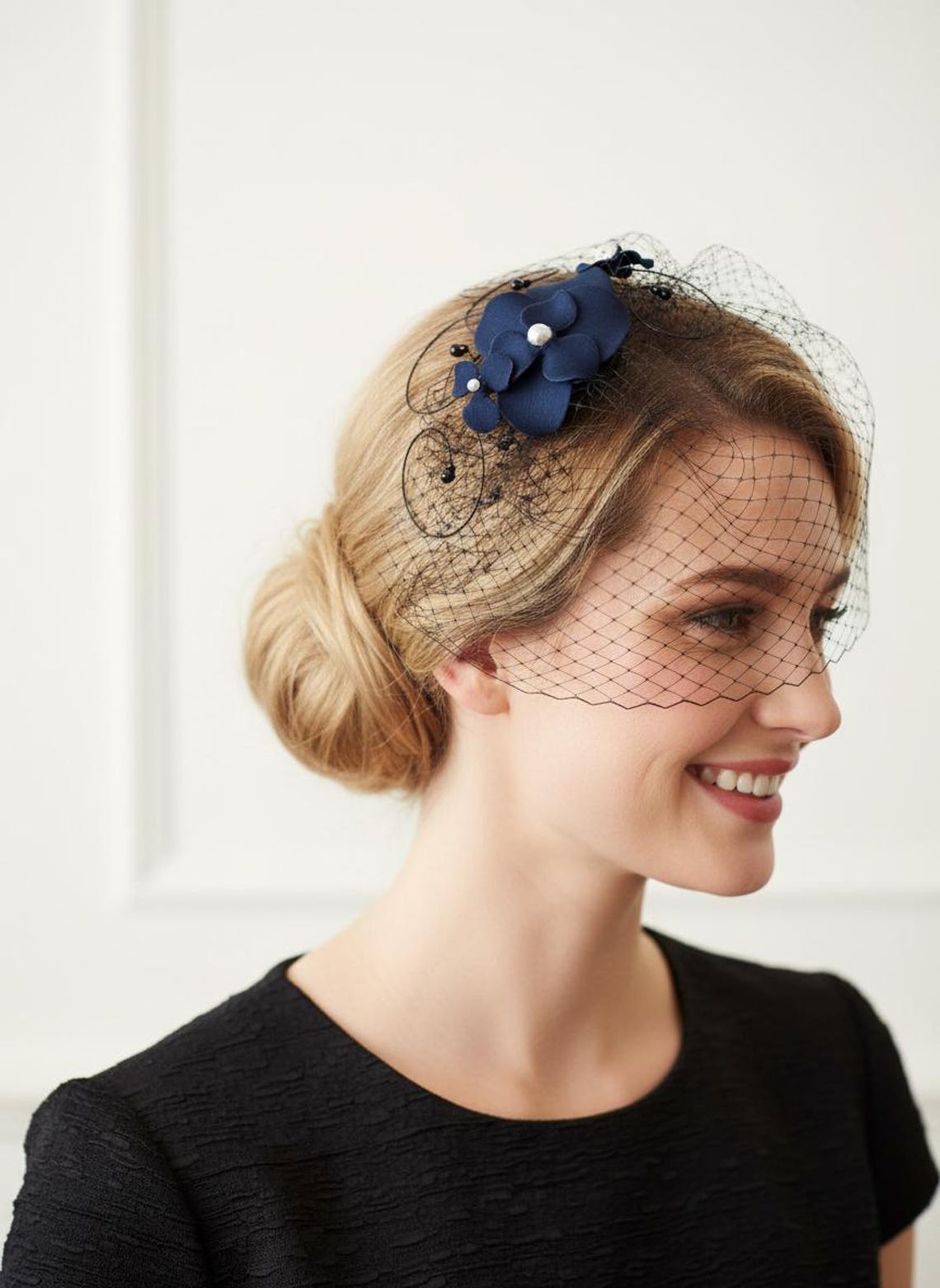 Navy Blue Birdcage Veil With Fascinator – Wedding Hair Accessory - Etsy