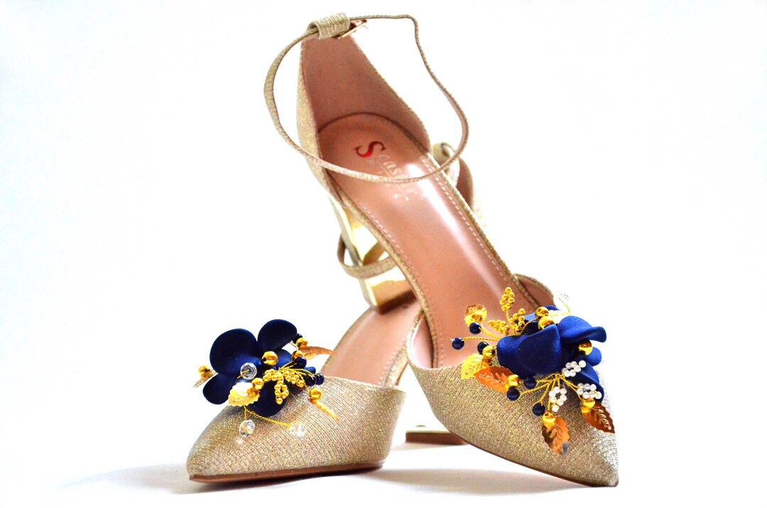 Elegant Navy Blue Shoe Clips With Leaves, Pearls & Crystals – Bridal or ...
