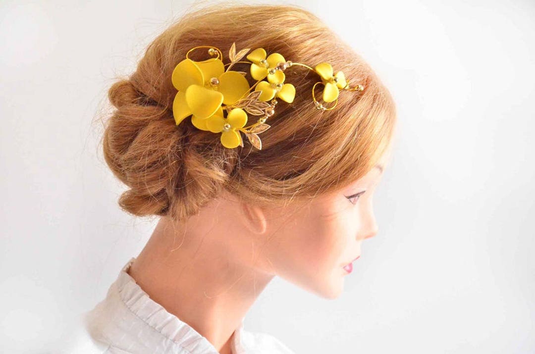Lemon Yellow Hair Clip With Flowers Decorated With Pearls and Gold ...